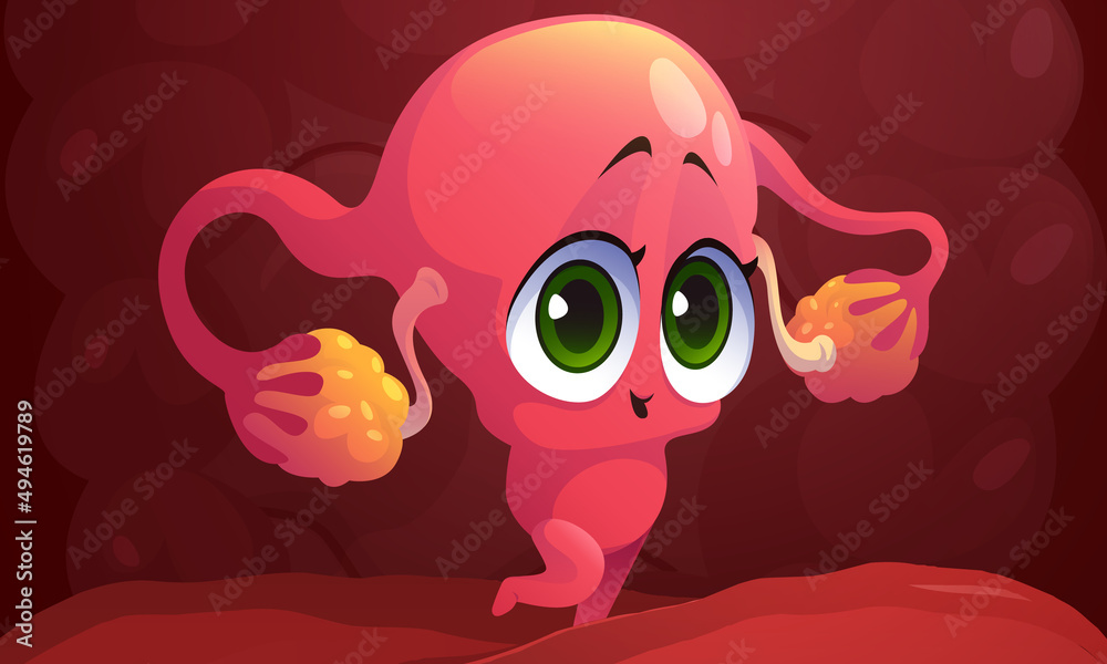 Cute Character Of Female Uterus With Ovaries Concept Of Reproductive