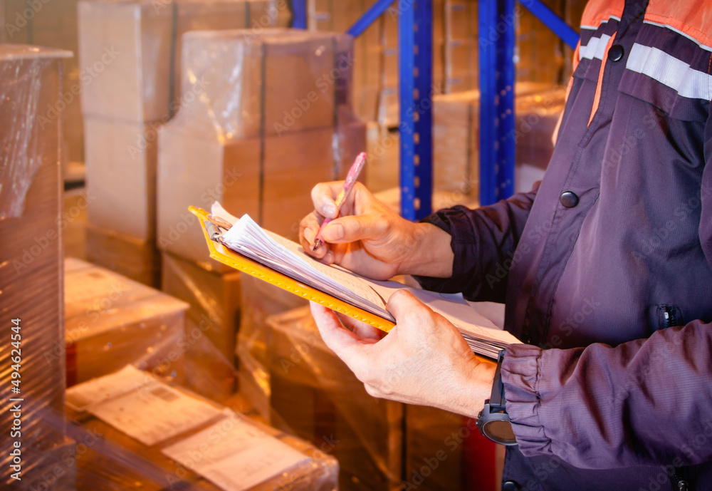 Workers Holding Clipboard Doing Inventory Management Package Boxes in ...