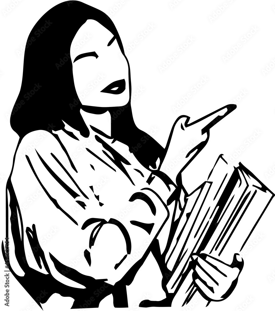 Outline sketch drawing vector of girl student with book, Line art ...