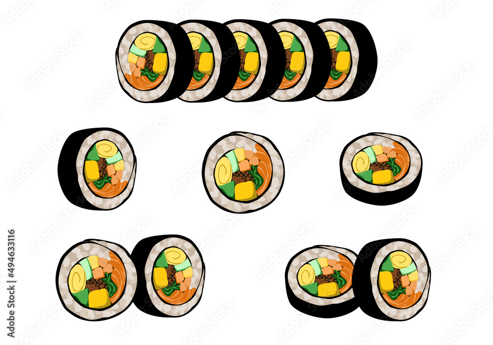Korean kimbap. Isolated kimbap or gimbal in different view on white ...