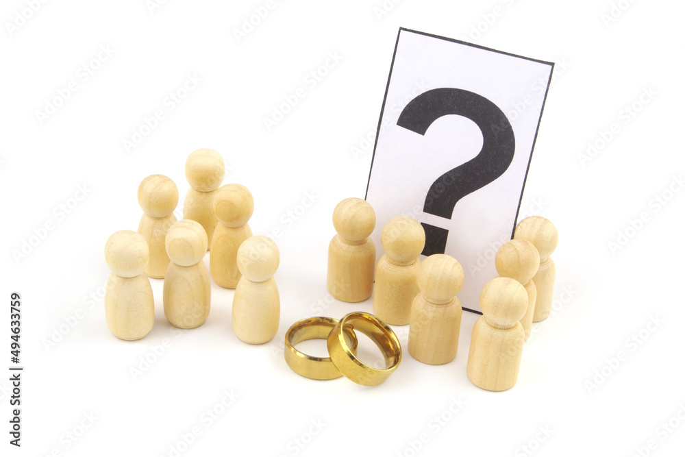 Wedding and marriage FAQ concept. Wedding rings and male with female ...