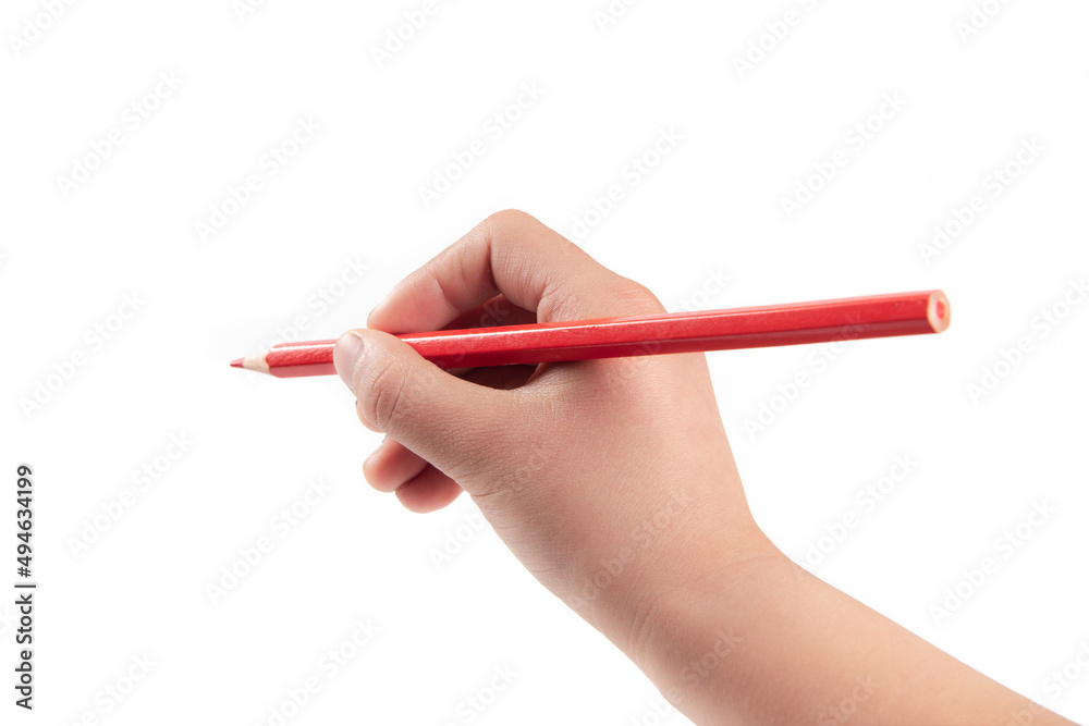 kid hand holding pencil, writing or drawing, isolated on white ...