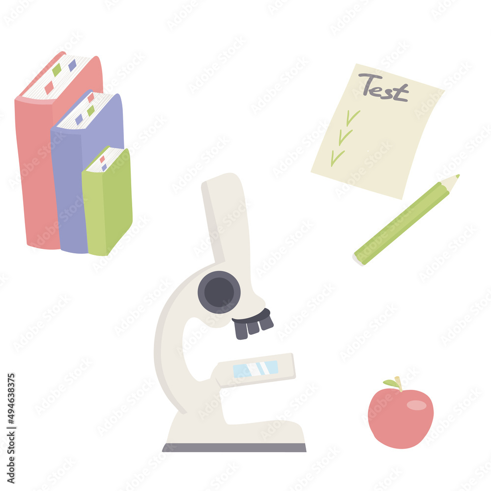 biology lesson, hand drawn objects set, books, test and microscope ...