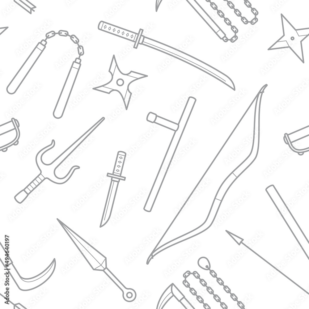 Vector seamless texture gray line symbols of ninja weapons. White ...