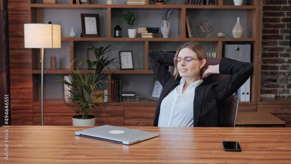 Smiling happy satisfied business woman rejoices to well done work ...