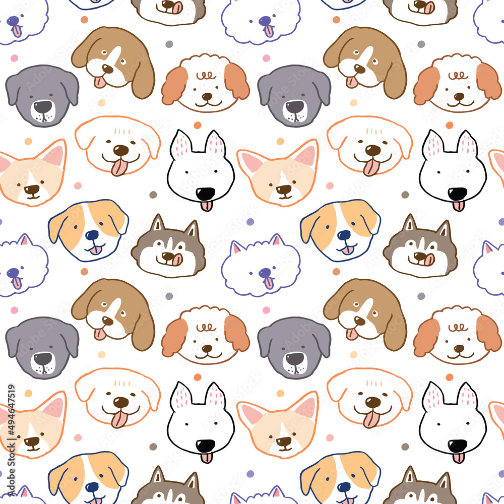 Seamless Pattern with Hand Drawn Dog Face Design on White Background ...
