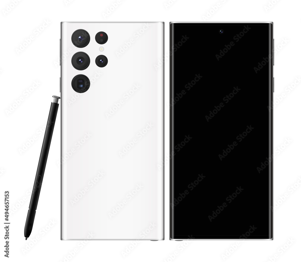 Samsung Galaxy S22 Ultra with front and back design and pen. Galaxy S22 ...