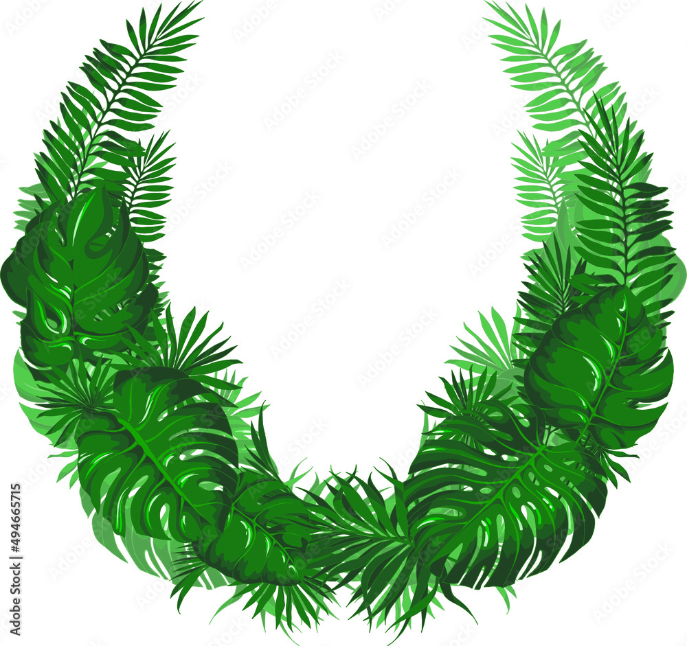 Vector round frame; green fresh tropical leaves of palm and monstera ...