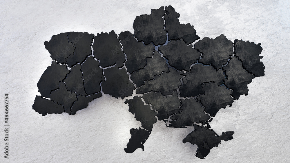 3d render of black map of Ukraine over white background. Concept of ...