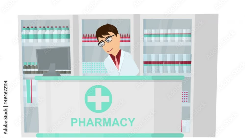 Pharmacist. Animation of a doctor in a pharmacy giving out medicines ...