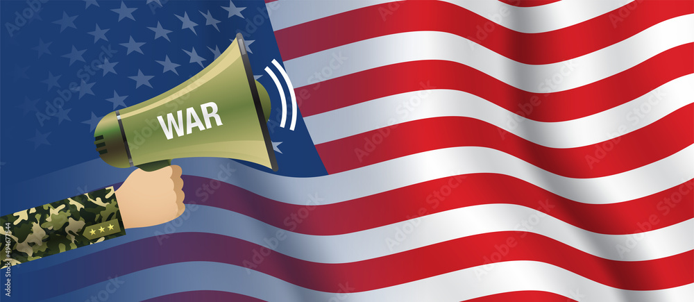 Soldiers hand holding bullhorn with WAR sign on the USA flag background ...