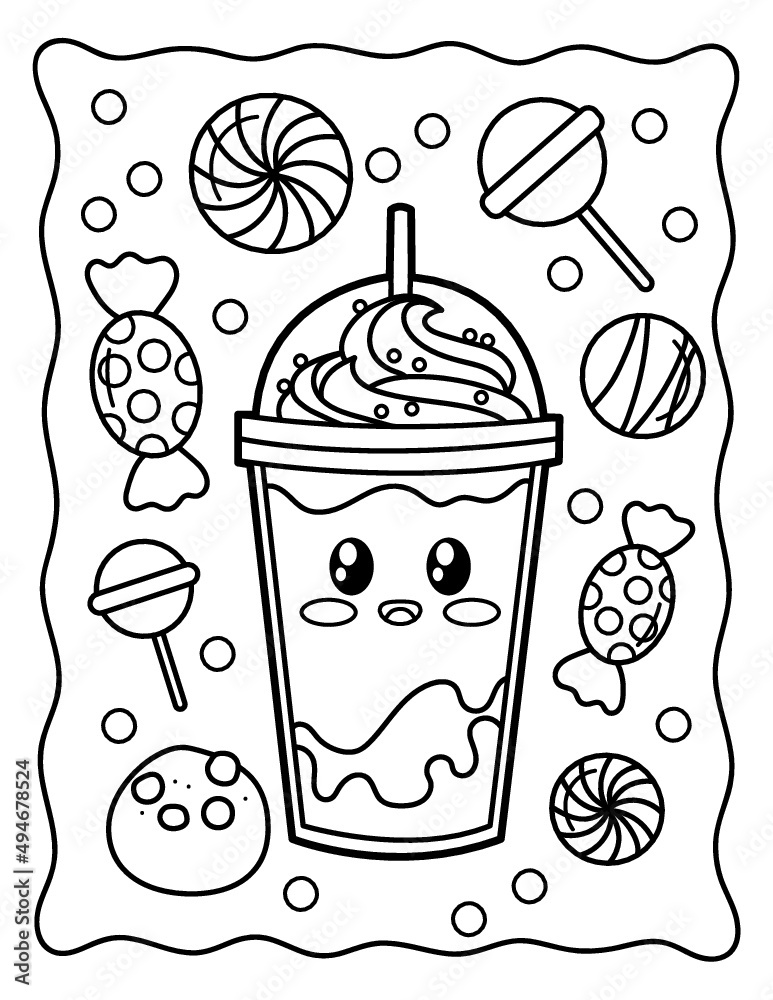 Kawaii coloring page. Cool drink with a straw. Coloring. Black and ...