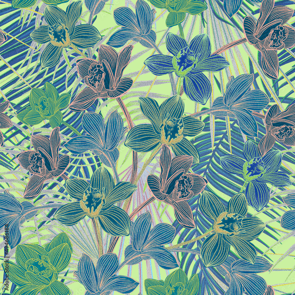 Beautiful bright orchids surrounded by lush tropical plants. Bright ...