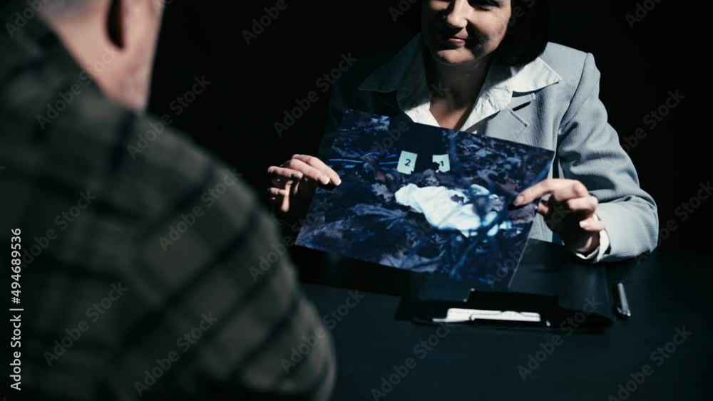 Female detective questioning arrested man about crime scene, showing ...