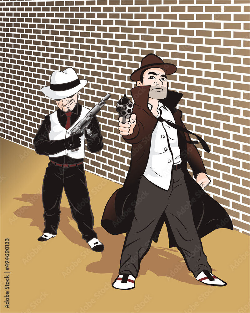 Two mafia standing on wall. wear hat and hold gun. vector illustration ...
