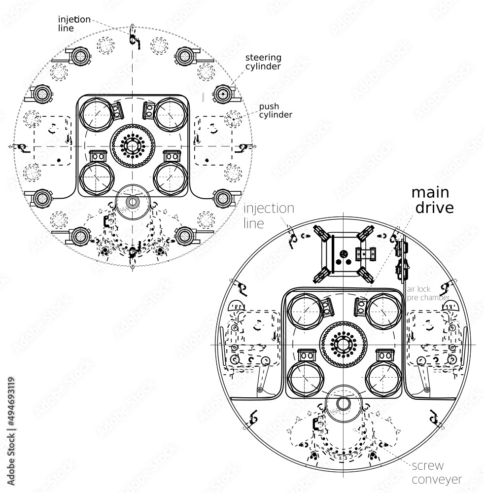 Vetor de Machine internal cross-section, tunnel boring head, tunnel ...