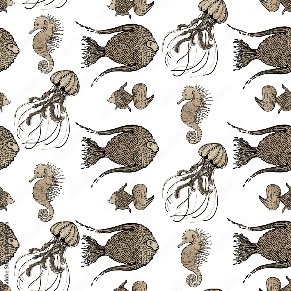 Sea, nautical, marine abstract linear pattern with golden seahorse ...