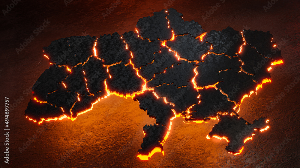 Black map of Ukraine burning in fire. Concept of war, russia invasion ...