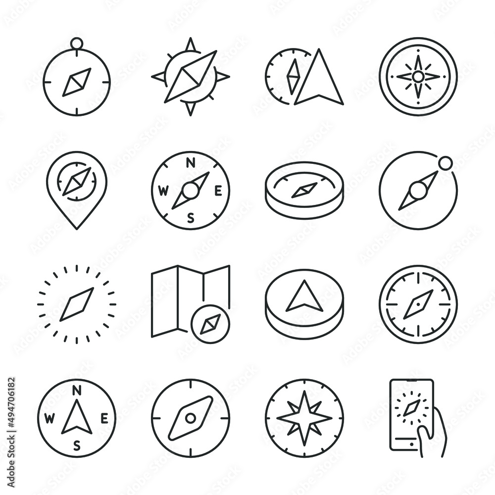 Compass icons set. Navigation equipment, icon collection. Line with ...