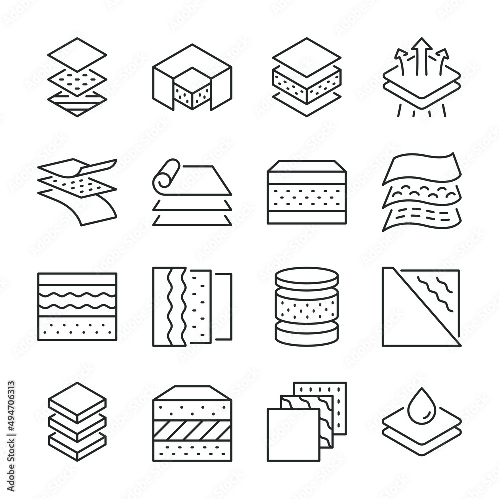 Layers of materials icons set. Completion of various hard and soft ...