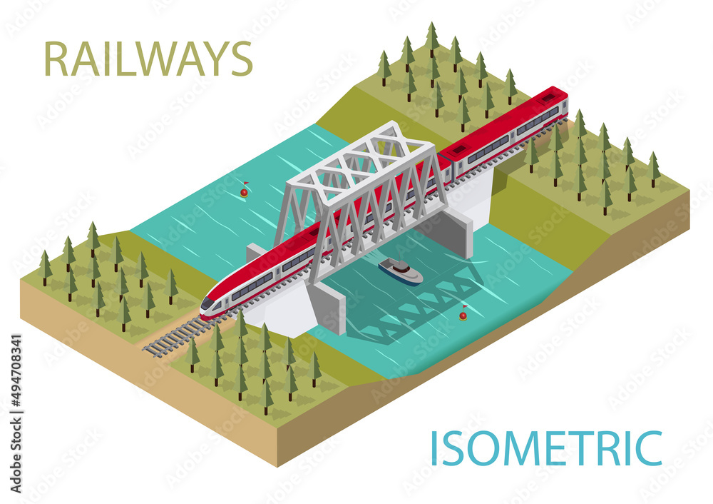 Infographic Railway bridge with passenger train over the river ...