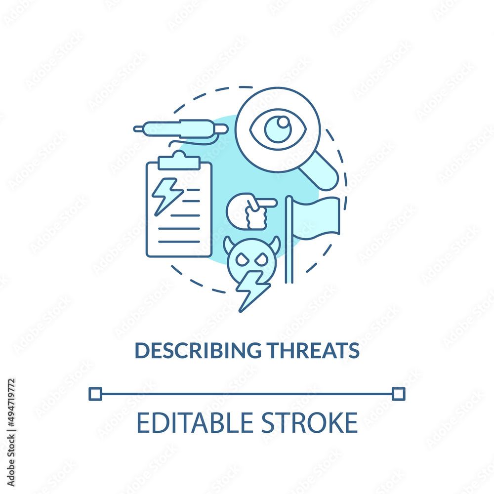 Describing threats turquoise concept icon. Learning enemy forces ...