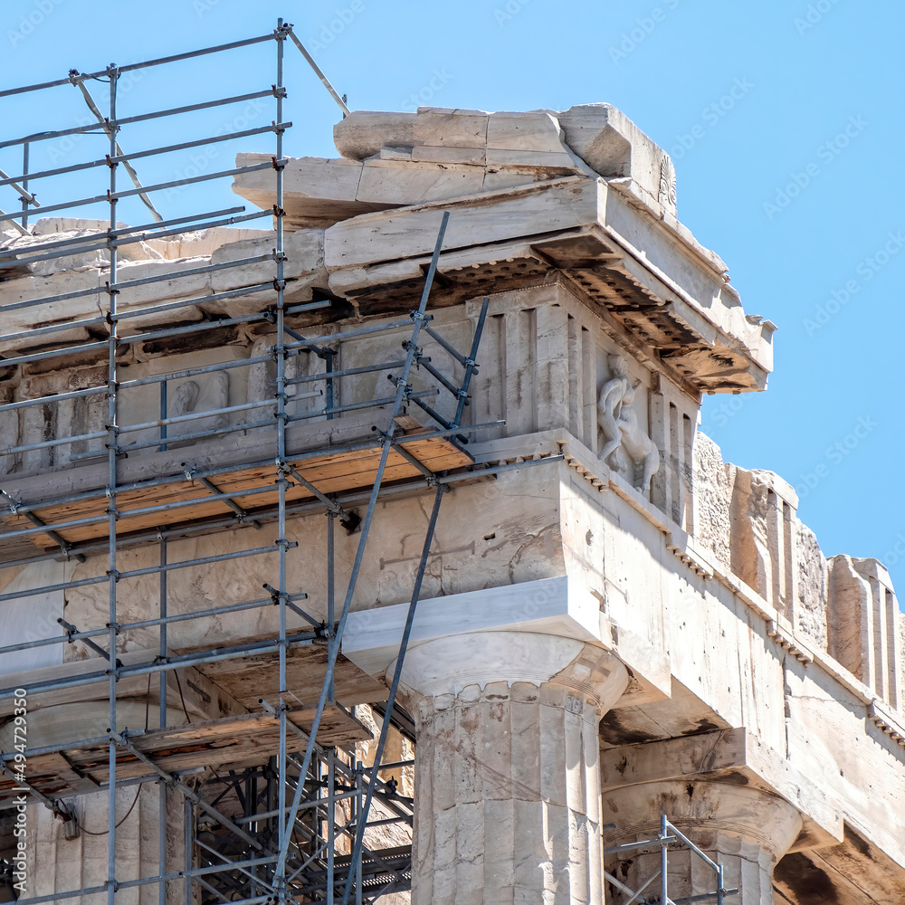 Scaffolds on Parthenon ancient temple under restoration works, Athens Greece Stock Photo | Adobe ...