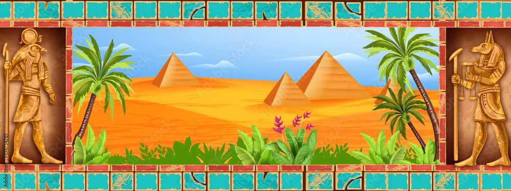 Egypt desert landscape, vector Egyptian pyramid background, ancient ...