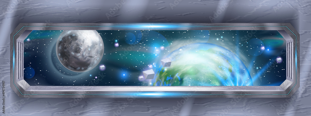 Spaceship window view, future spacecraft interior, vector Earth planet ...