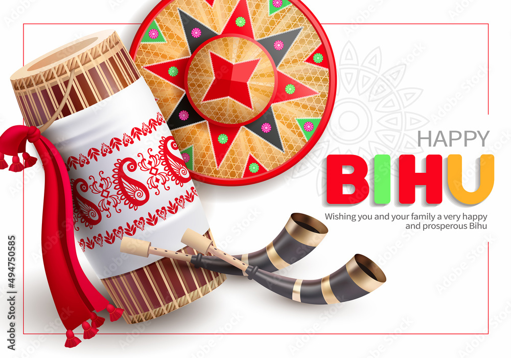 Greeting background with drum (dhol, onoinya) decorated with gamosa ...