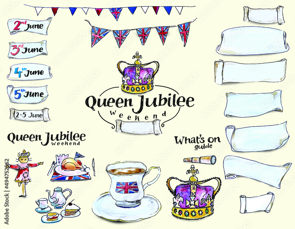 Queen Jubilee Celebrations poster icon kit Stock Vector | Adobe Stock