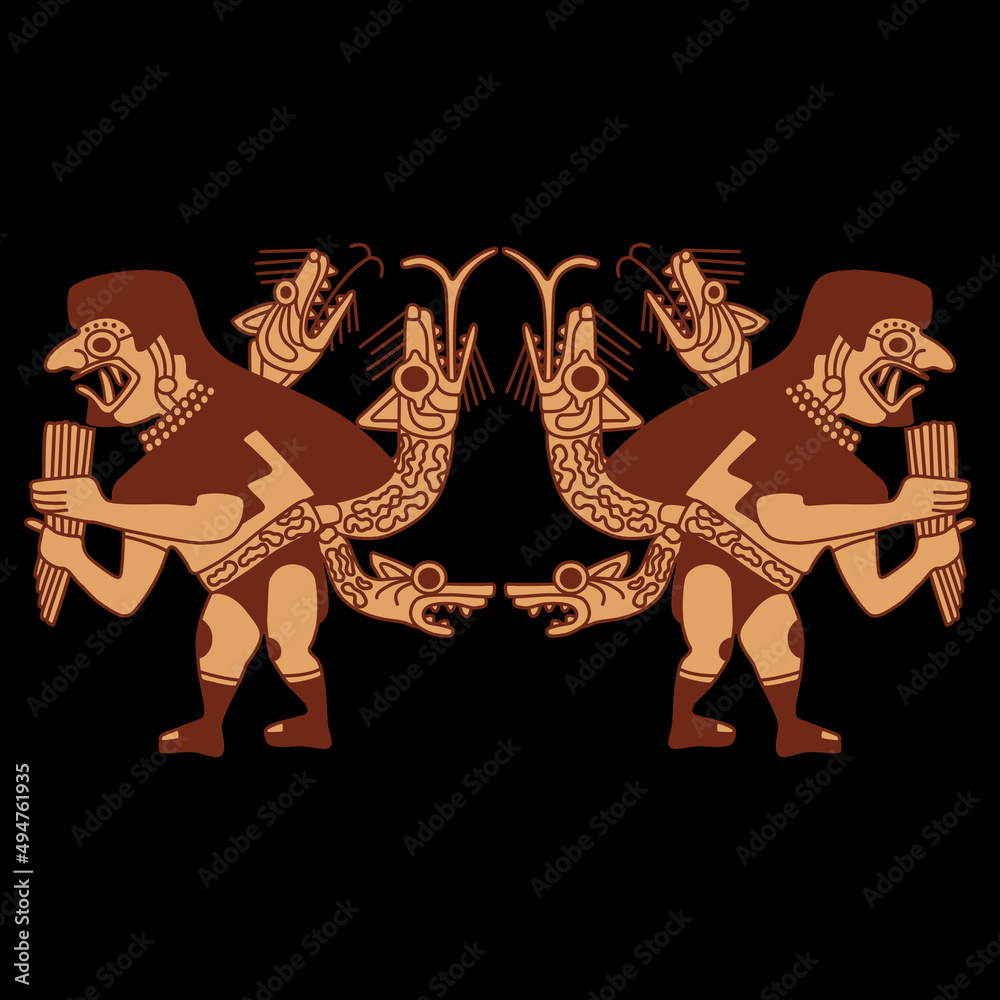 Symmetrical pattern with two fantastic fanged men with snakes or ...