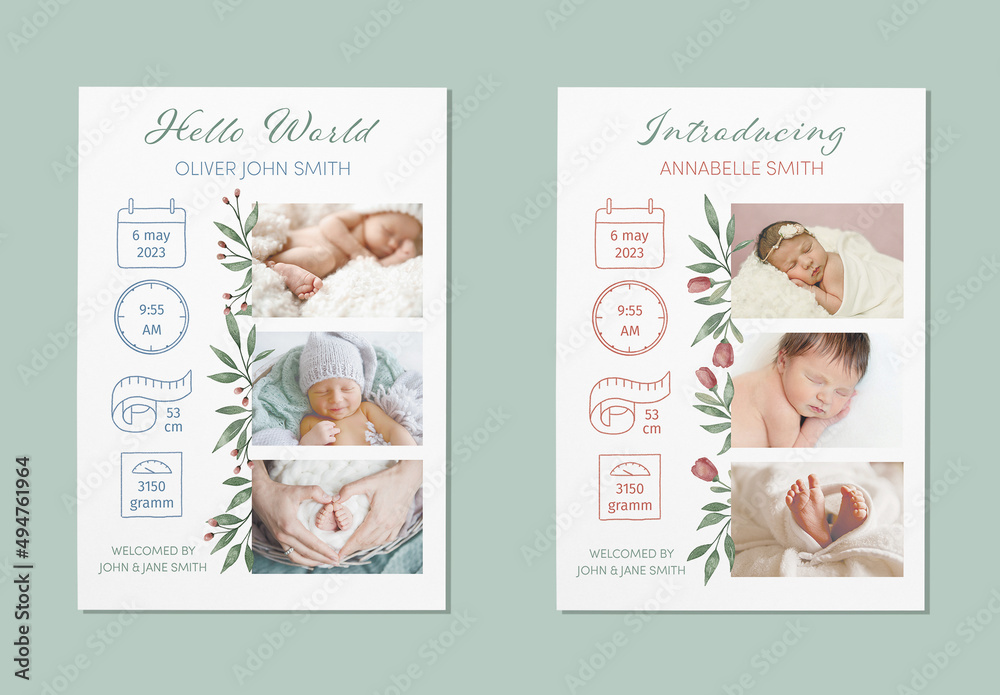 Watercolor Baby Introducing Cards Set Stock Template | Adobe Stock