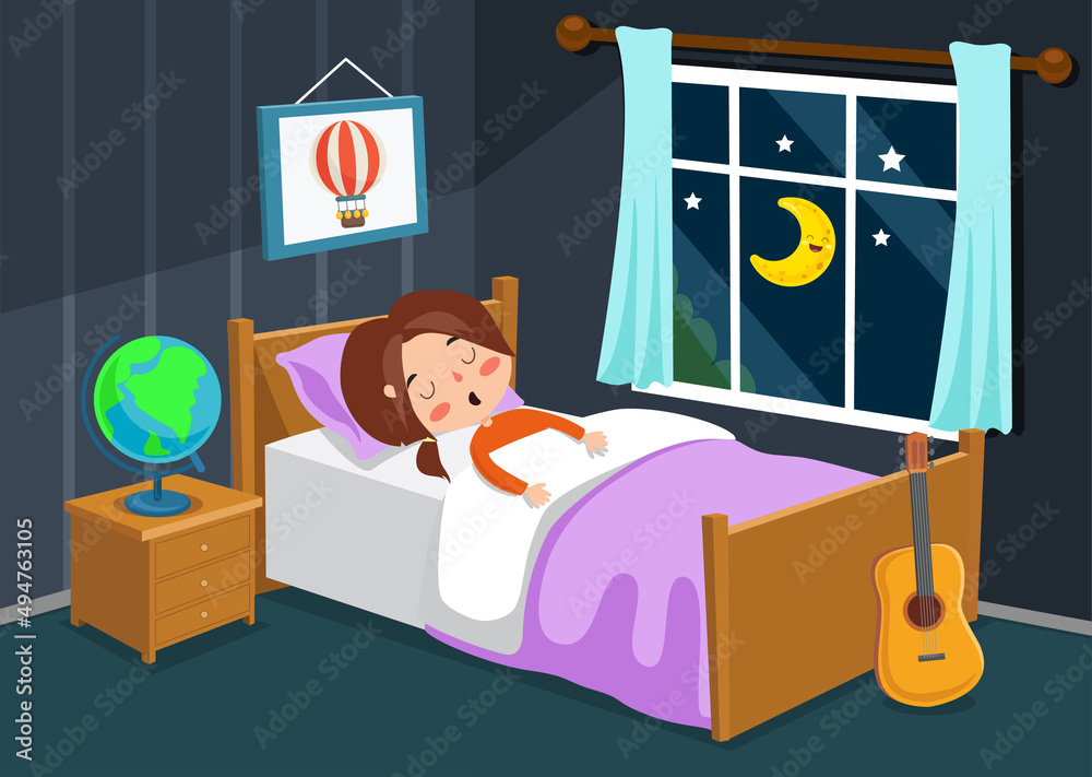 Cute Cartoon Girl Sleeping in Bed. Moony Night, Bedroom Flat ...