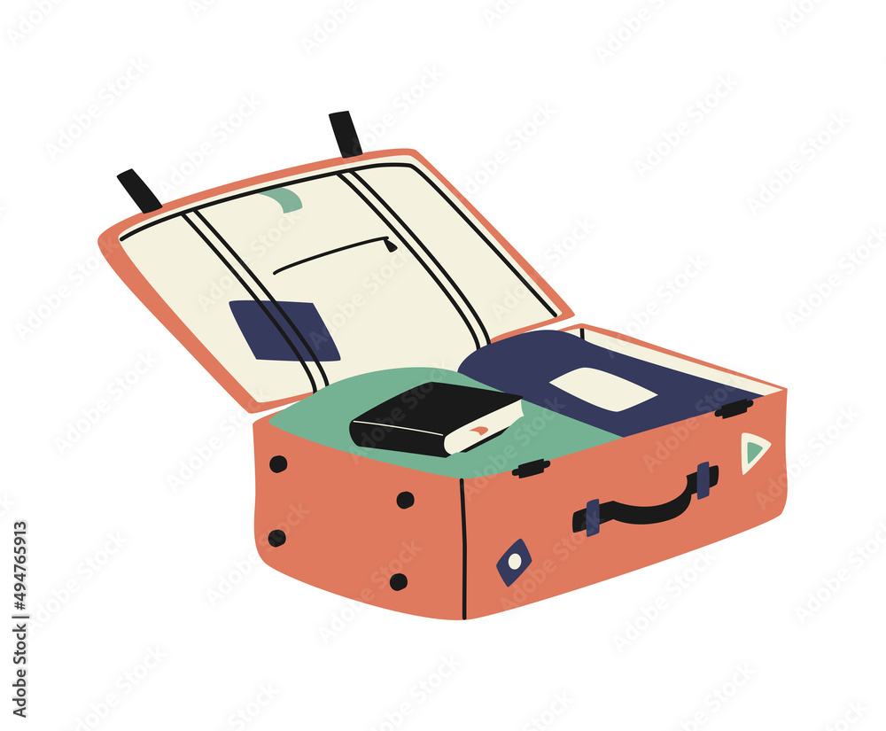 Hand drawn cute cartoon illustration of open suitcase with clothes ...