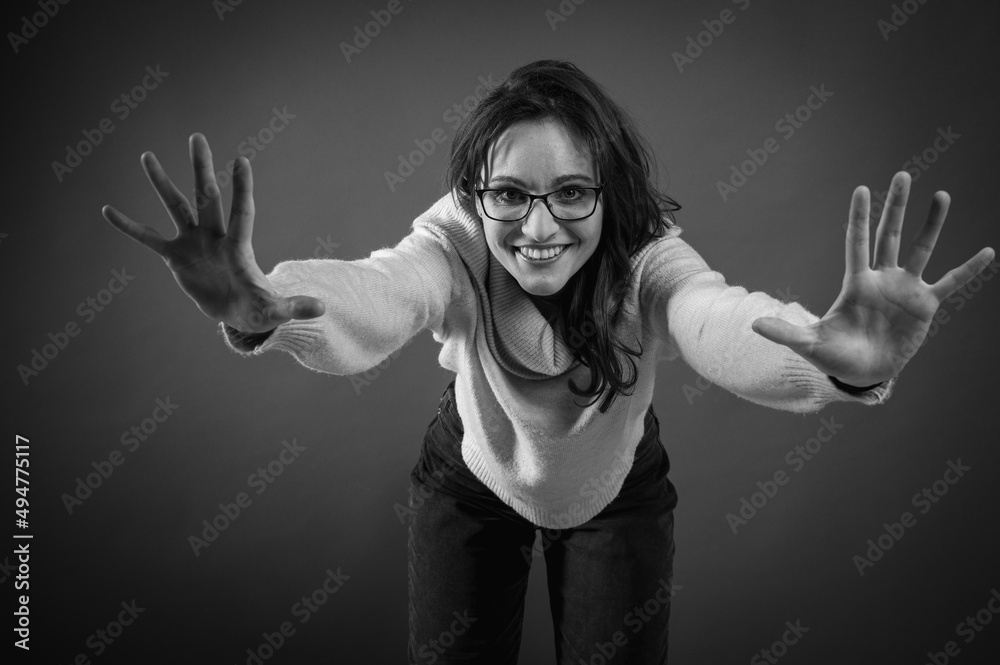 Black and white, classic. The pretty girl, emotional on a red-cherry ...