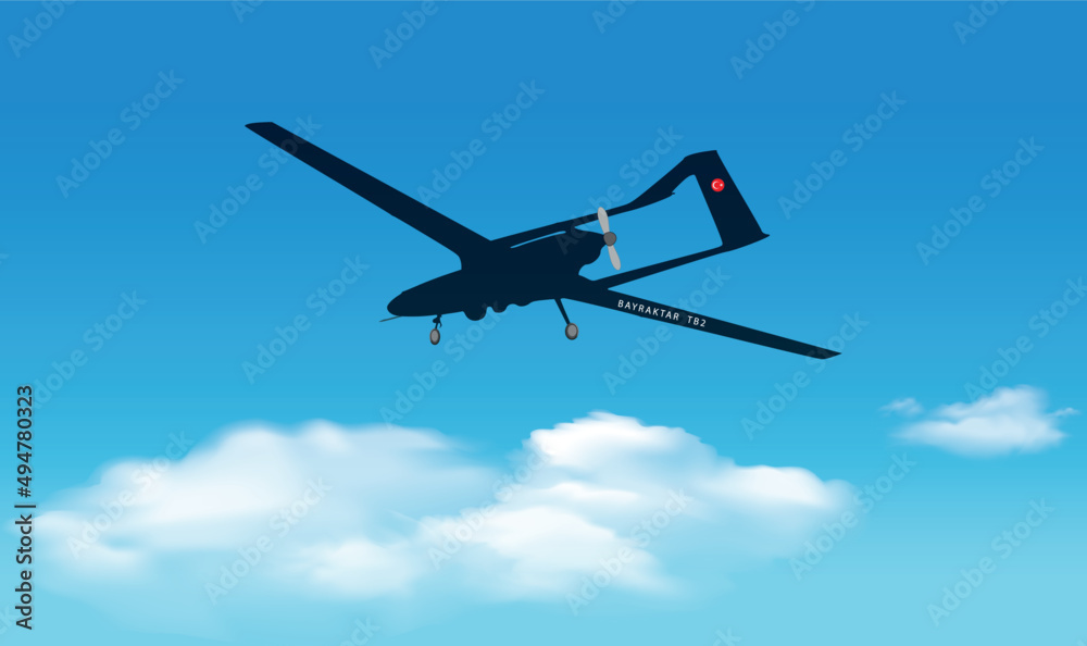 Unmanned aerial vehicle Bayraktar TB2 SIHA silhouette vector on a blue ...