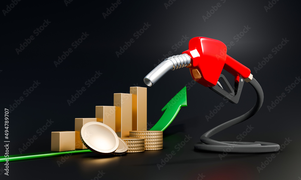 Oil price rising concept Gasoline red fuel pump nozzle isolated with ...