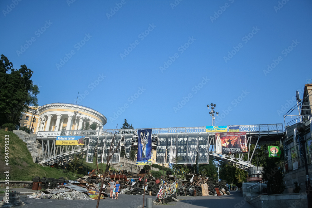 KYIV, UKRAINE - AUGUST 5, 2014: Euromaidan barricade on Heroyiv ...