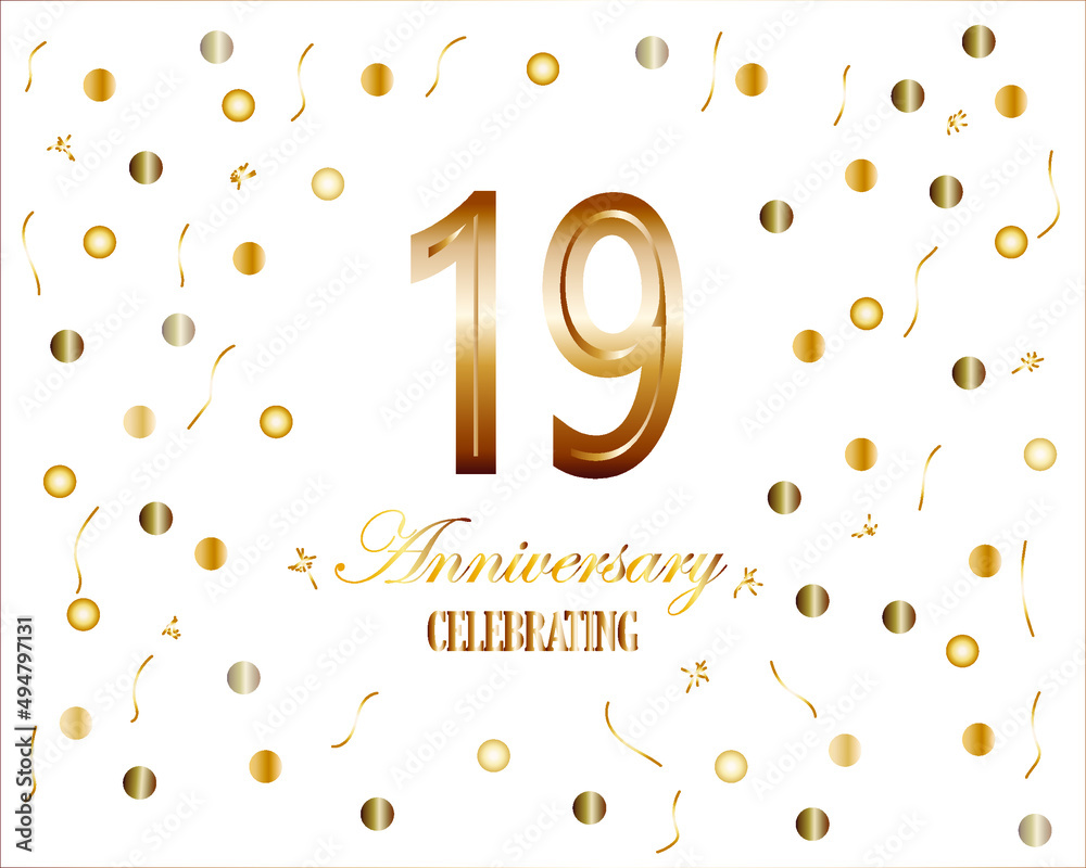 Golden numbers, 19 years anniversary celebration on white background ...