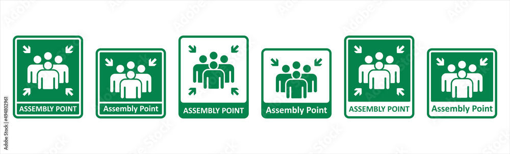 Assembly point sign. gathering point signboard, emergency evacuation ...