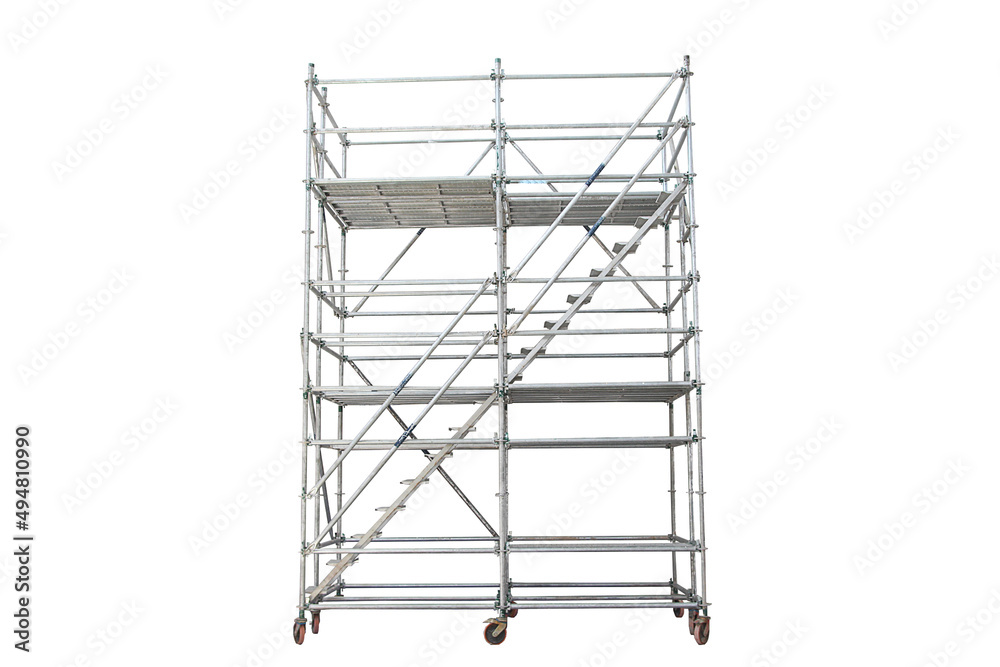 Mobile scaffolding, white background, used in construction areas. Stock ...