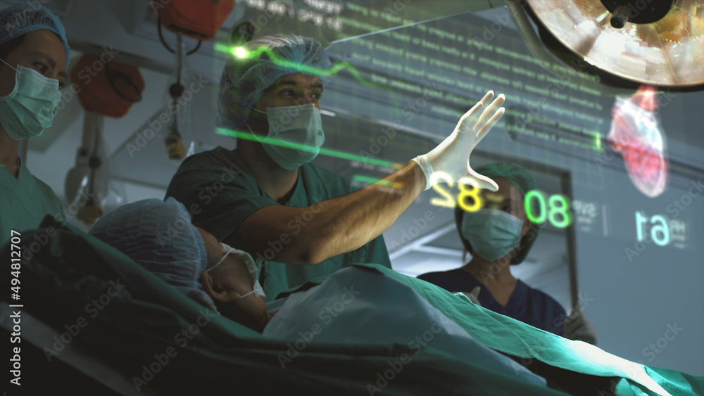 Futuristic operating room simulation - a surgeon diagnosing a senior ...