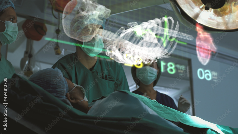 Futuristic operating room simulation - a surgeon diagnosing a senior ...