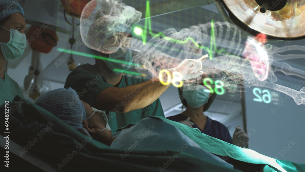 Futuristic operating room simulation - a surgeon diagnosing a senior ...