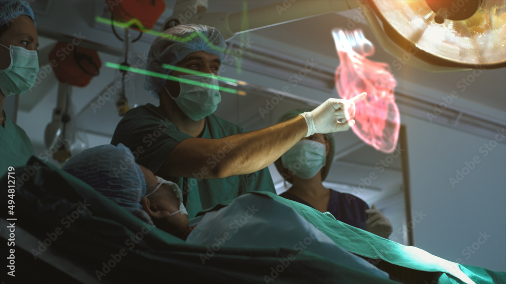 Futuristic operating room simulation - a surgeon diagnosing a senior ...