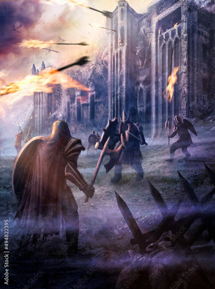 Fantasy landscape with warriors fighting on the field in front of an ...