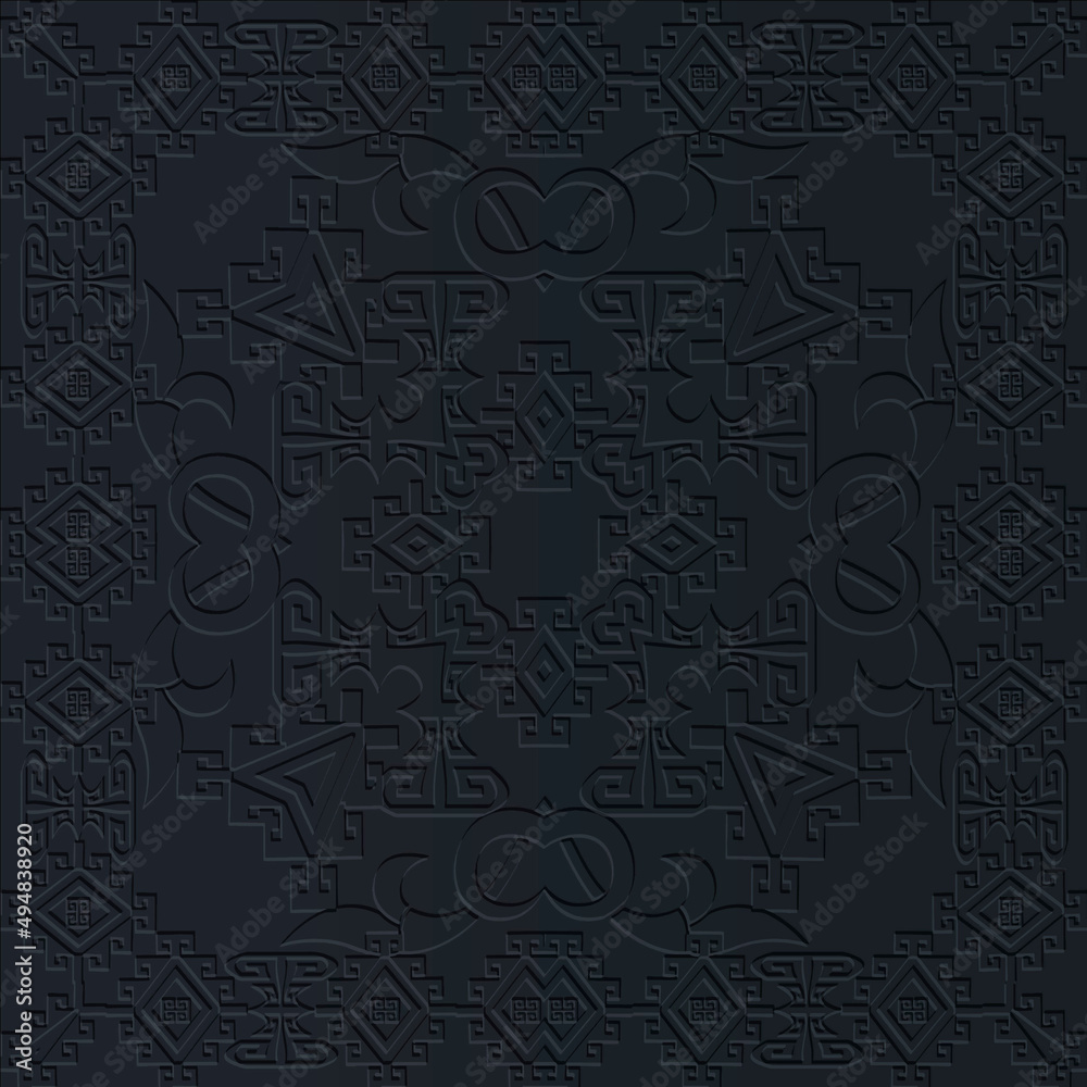 Dark black embossed 3d seamless pattern. Textured tribal ethnic ...