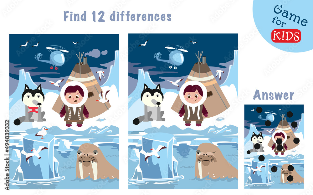 Cute children and animals of North. Find 12 differences. Game for ...