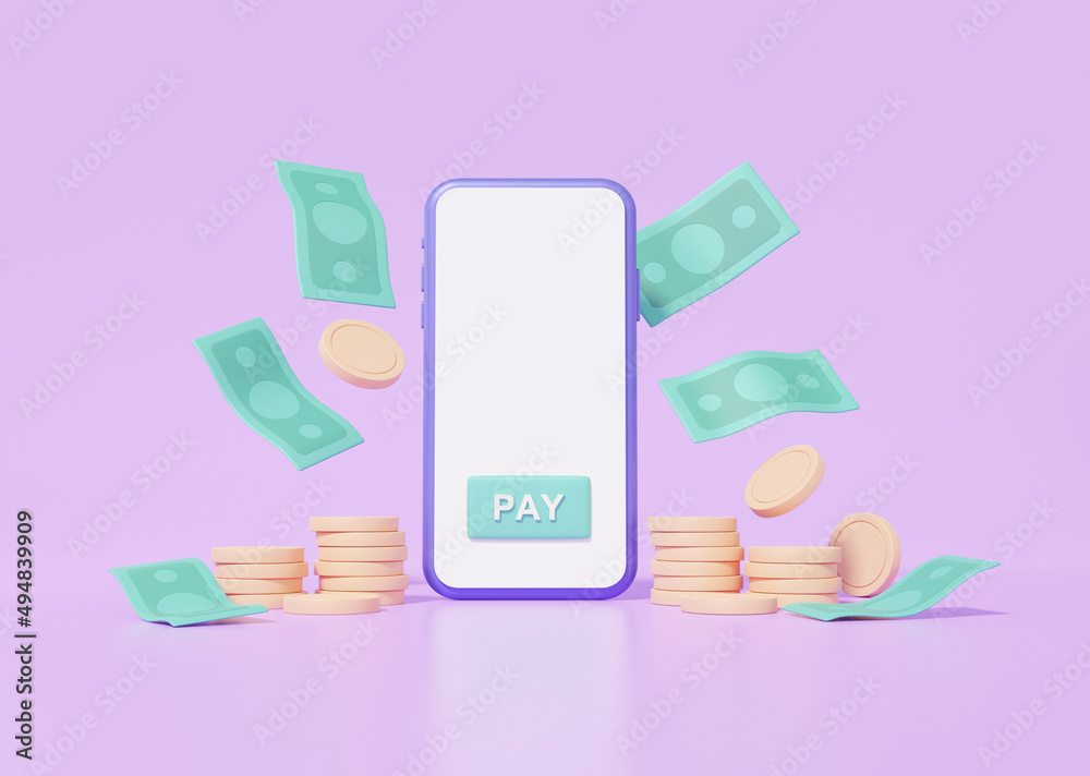 Online payments banknotes and stack coin floating with smartphone ...